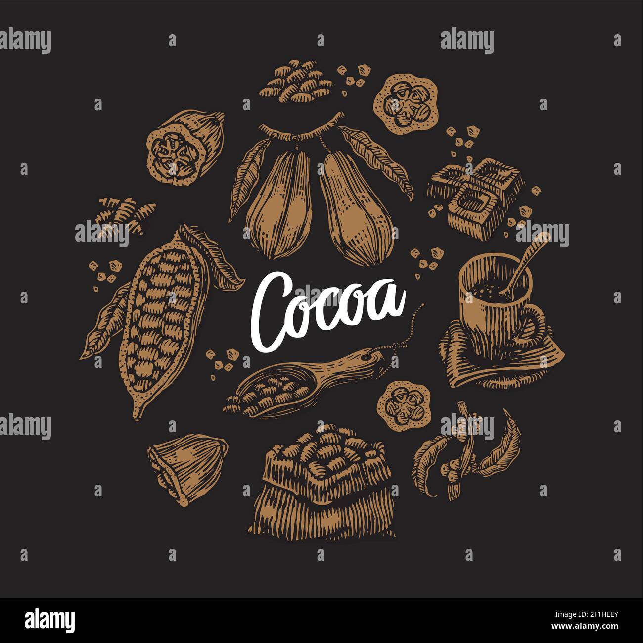 Hand drawn set of colored cocoa elements in circle vector illustration ...