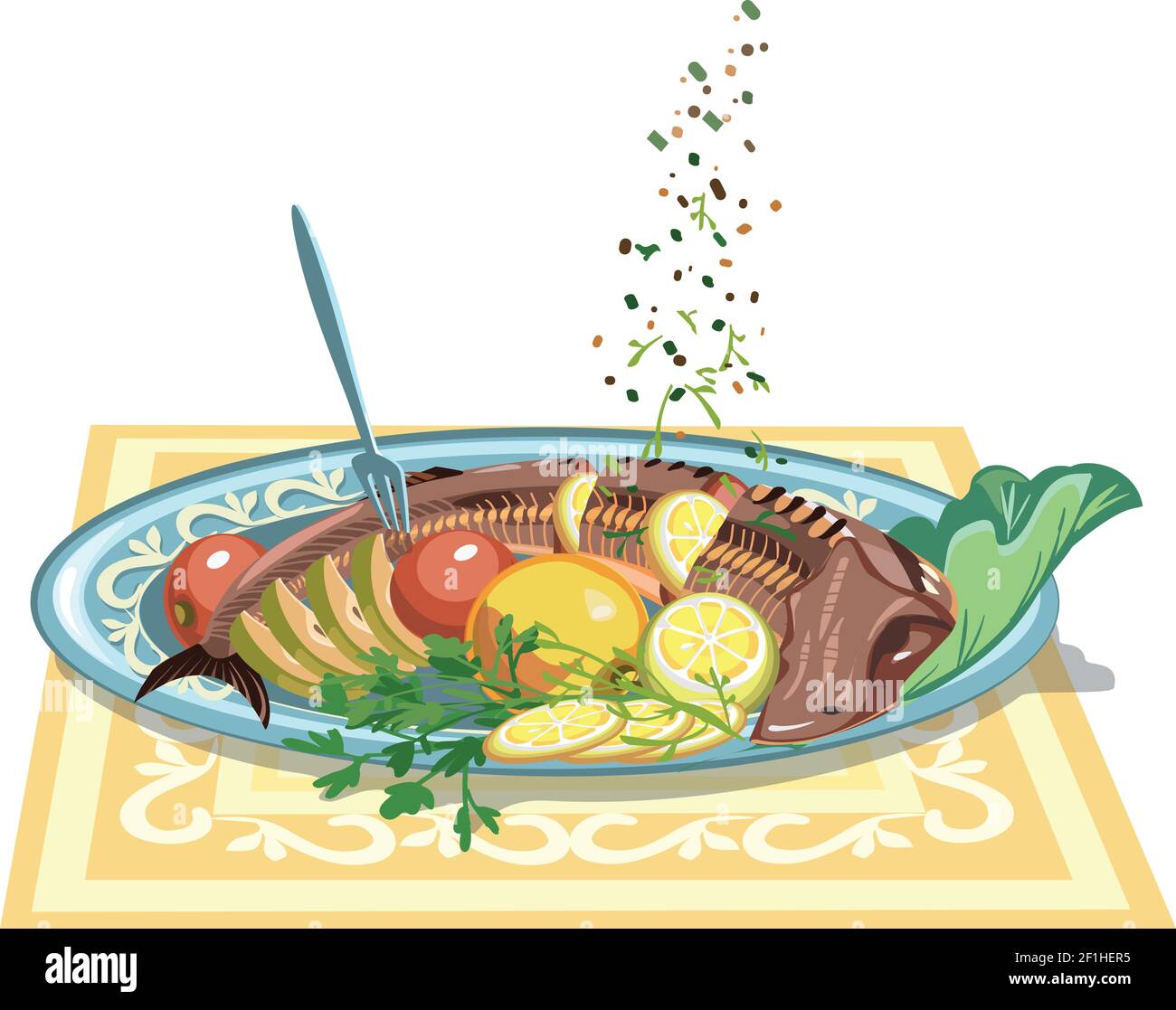 Hand drawn festive fish dish template with baked sturgeon vegetables ...