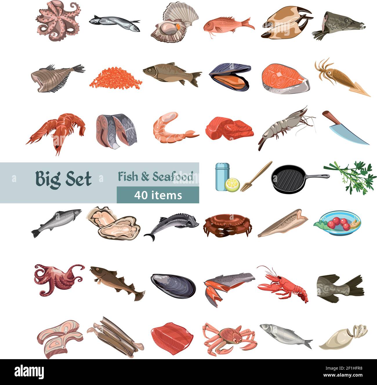 Hand drawn colorful seafood set with marine animals creatures fishes ...