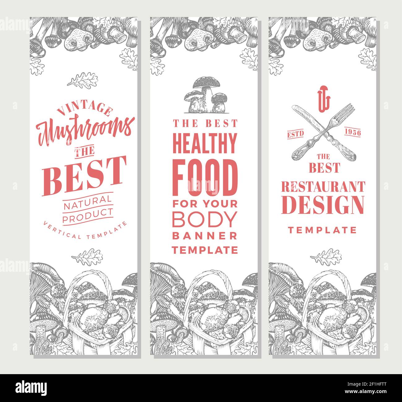 Sketch organic food vertical banners with different kinds of edible ...
