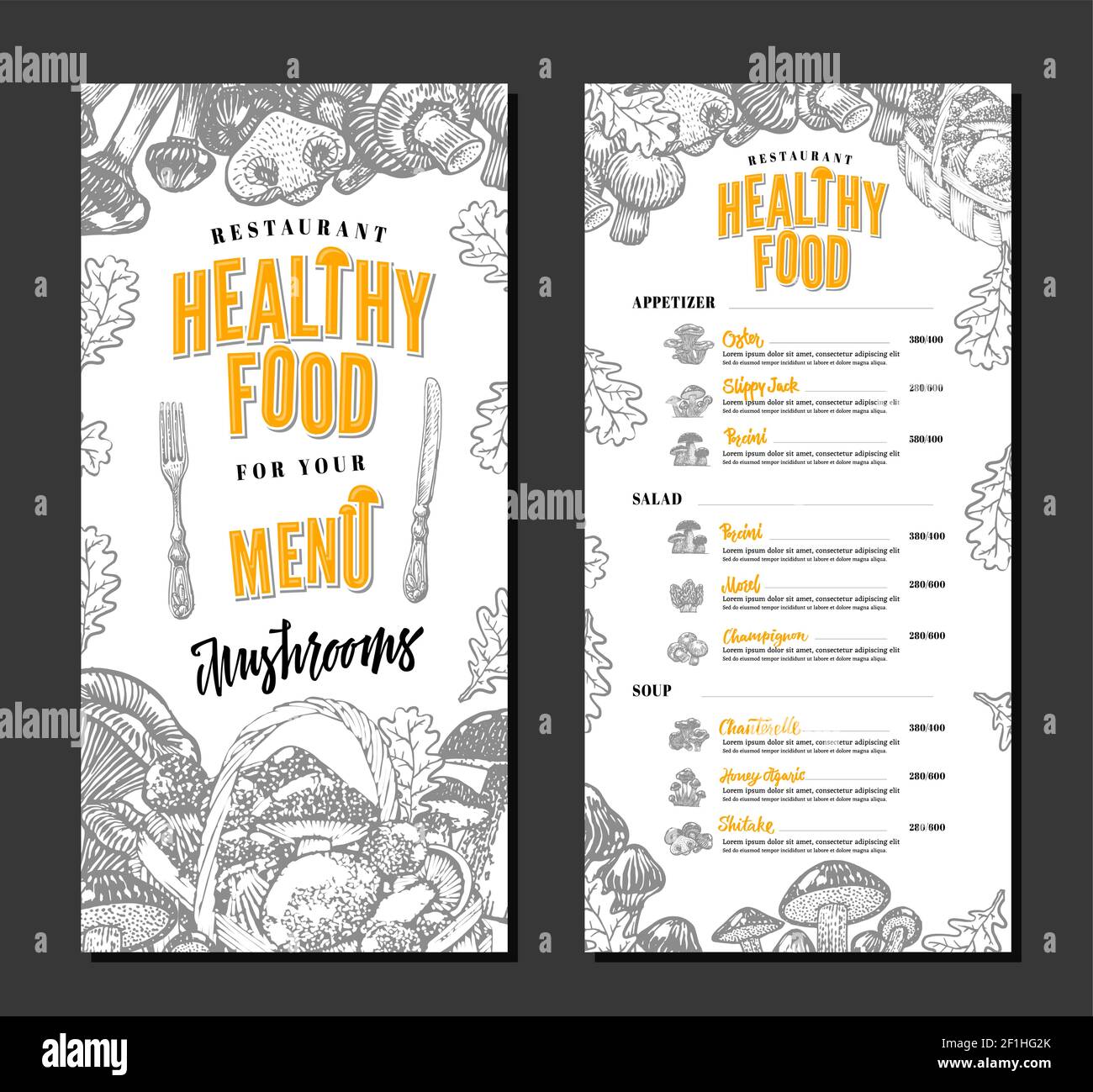 Healthy restaurant menu template with mushrooms as main ingredient of ...