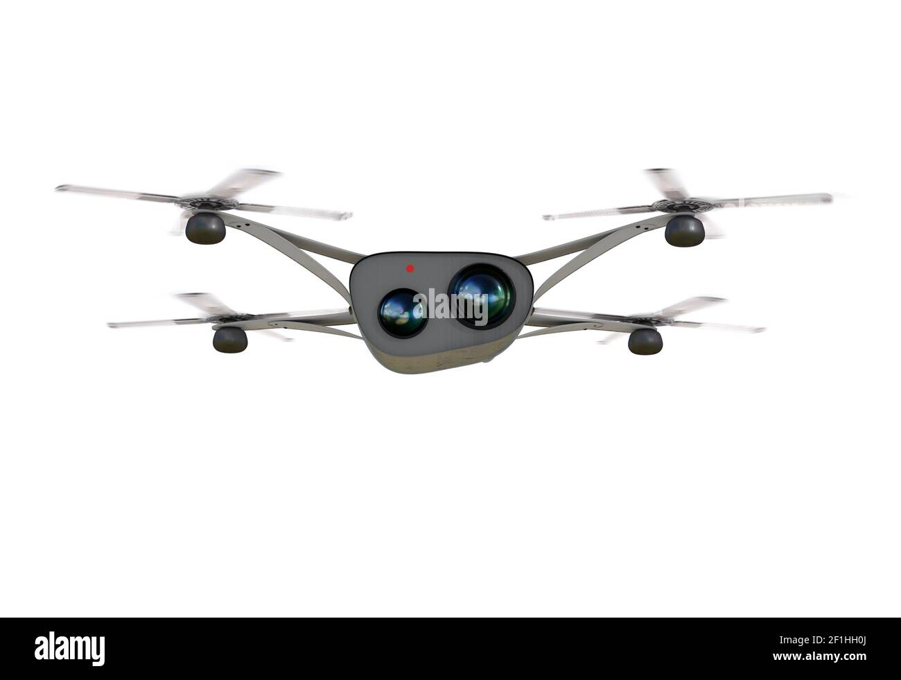 Isolated modern camera drone in flight, front view of the futuristic ...