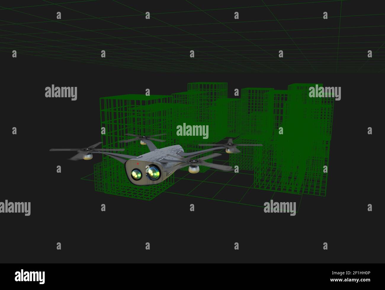 Realistic copter with cameras flying over virtual city 3d illustration ...