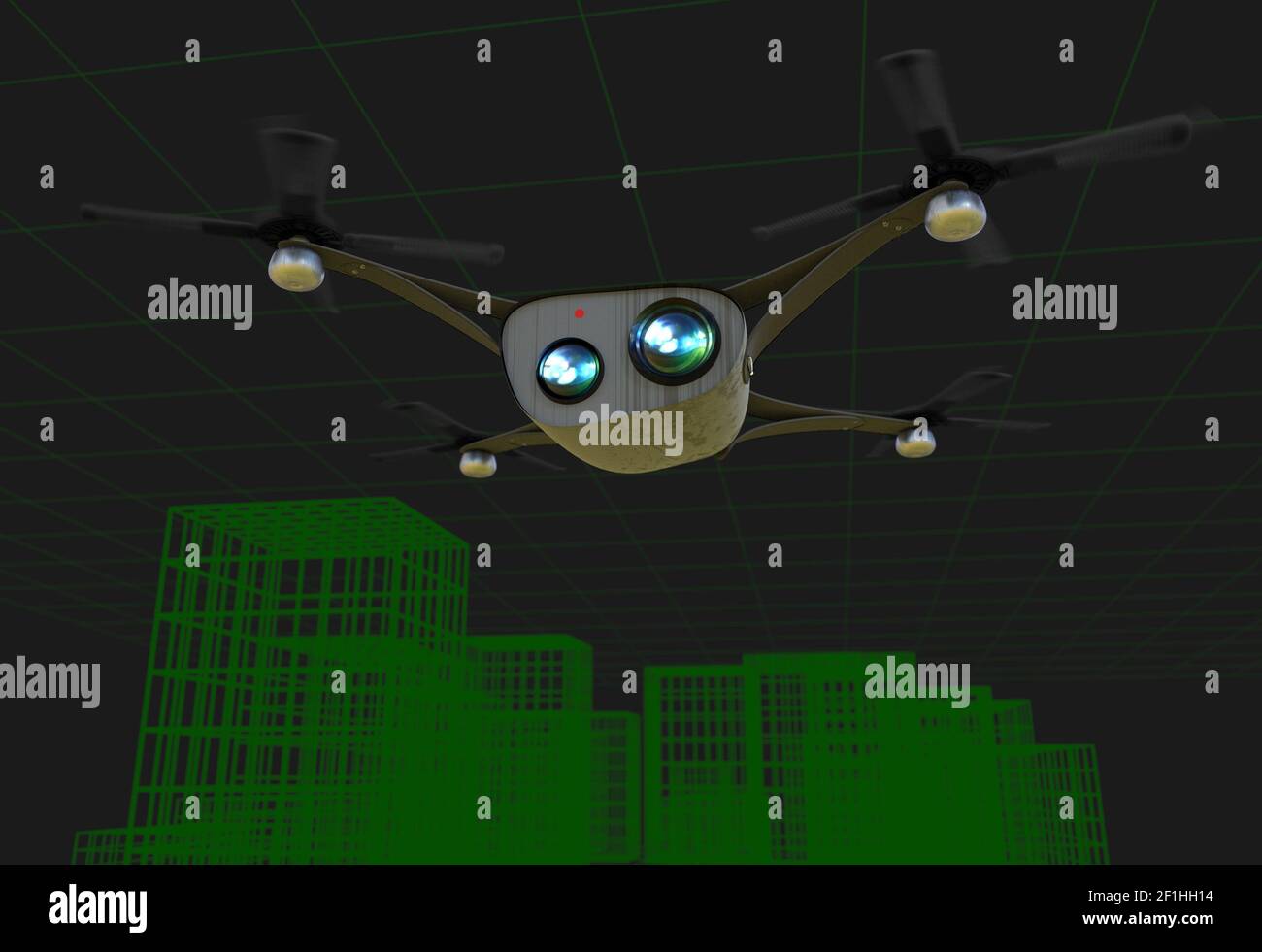 Realistic copter with cameras flying over virtual city 3d illustration ...