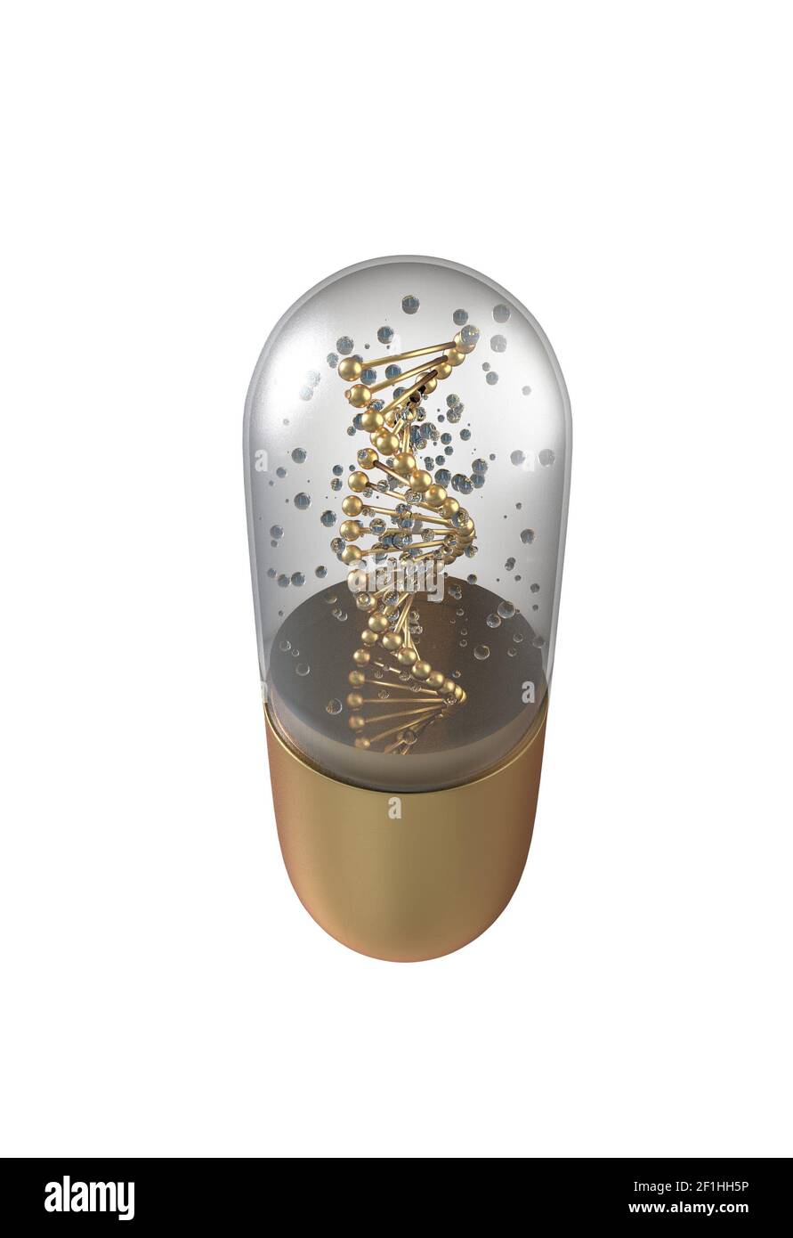 DNA helix inside pill capsules standing 3d illustration Stock Photo - Alamy