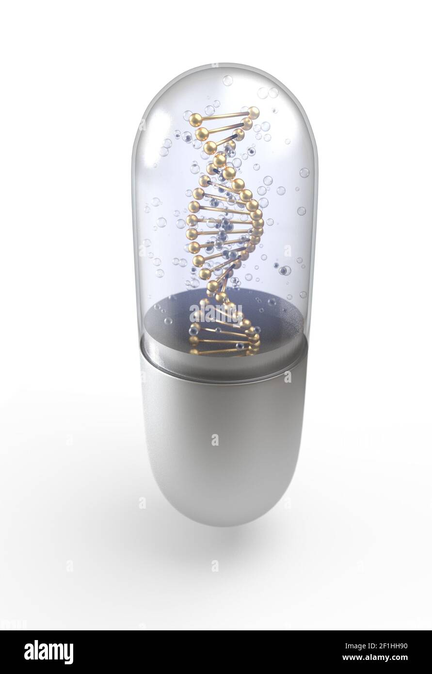 DNA helix inside pill capsules standing 3d illustration Stock Photo - Alamy