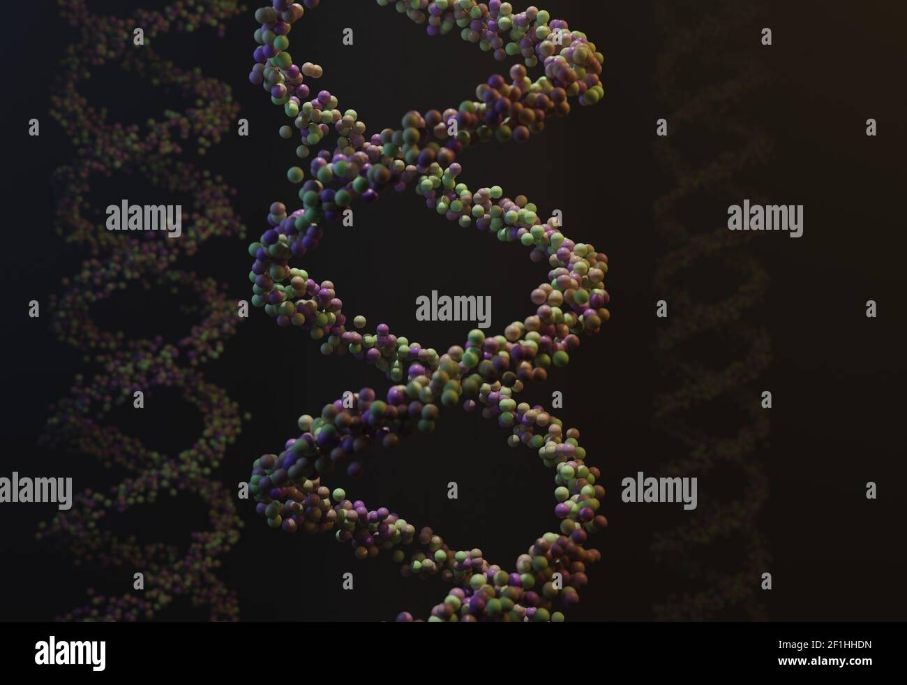 Sequenced pattern of DNA molecule atoms in threads 3d illustration ...