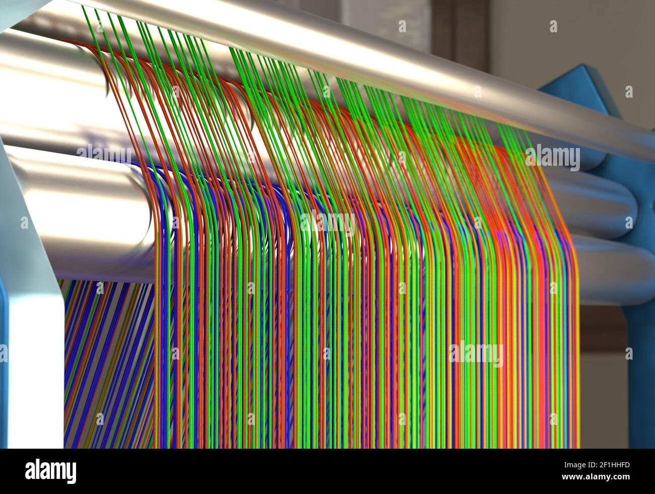 Textile machine with rainbow colors threads. 3d illustration Stock ...