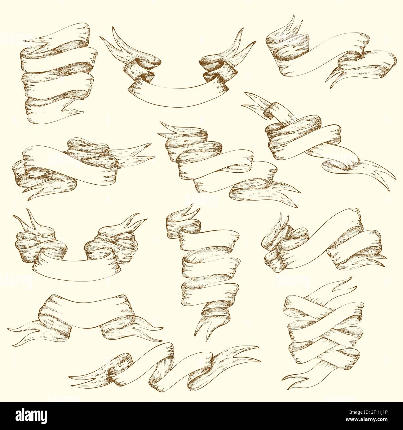 Vintage ribbon collection of different shapes and forms in hand drawn ...