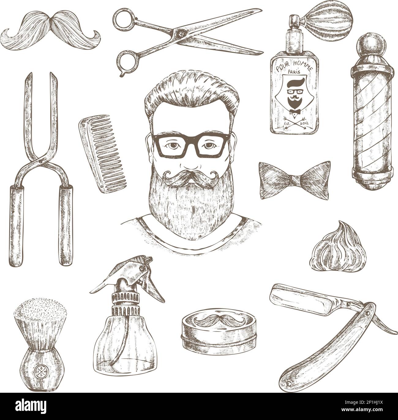 Barber elements hand drawn set with face of hipster objects for haircut ...