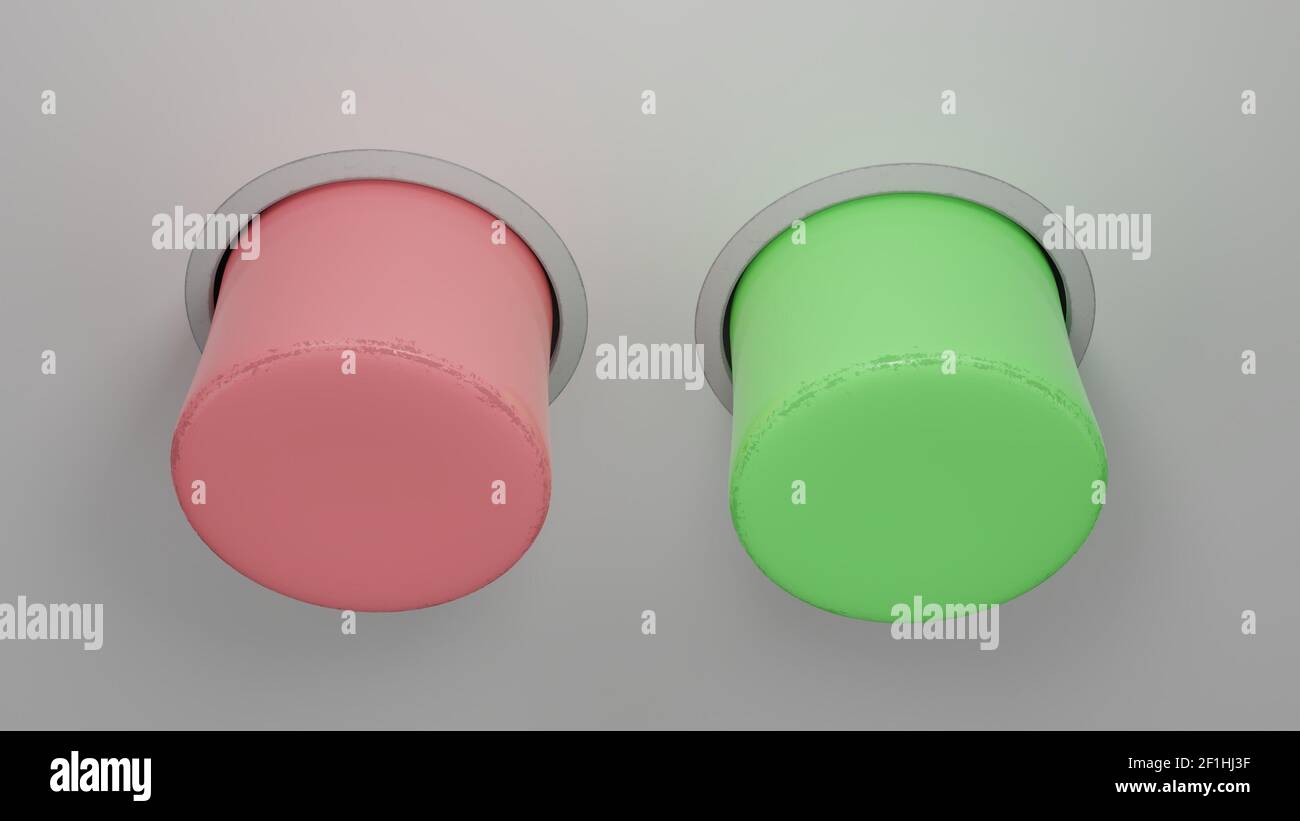 Realistic two red and green button on gray background. 3d illustration ...