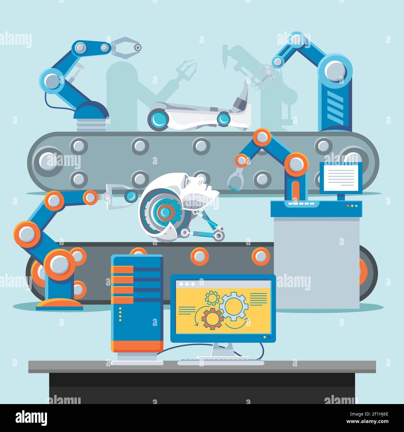 Automation manufacturing template with robotic mechanical arms assembly products at industrial ...