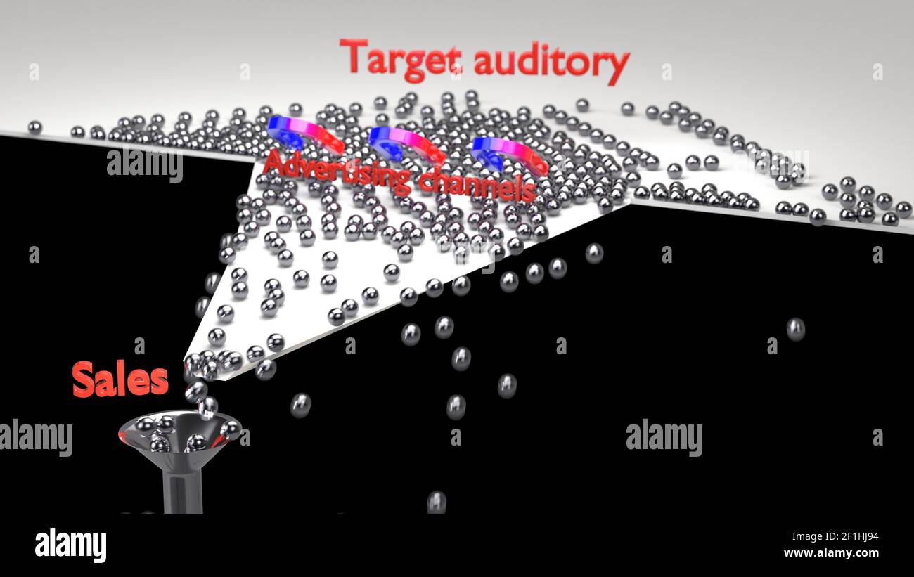 Sales funnel. Metal balls magnet and sales target. 3D illustration ...