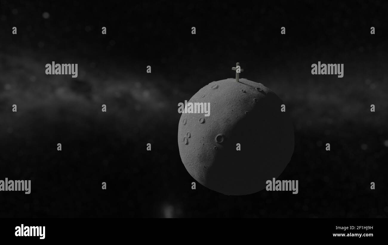 Dead planet with cross obelisk 3d illustration Stock Photo - Alamy