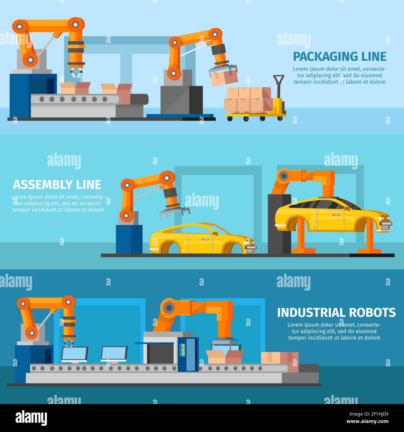 Industrial automated manufacturing horizontal banners with robotic arms ...