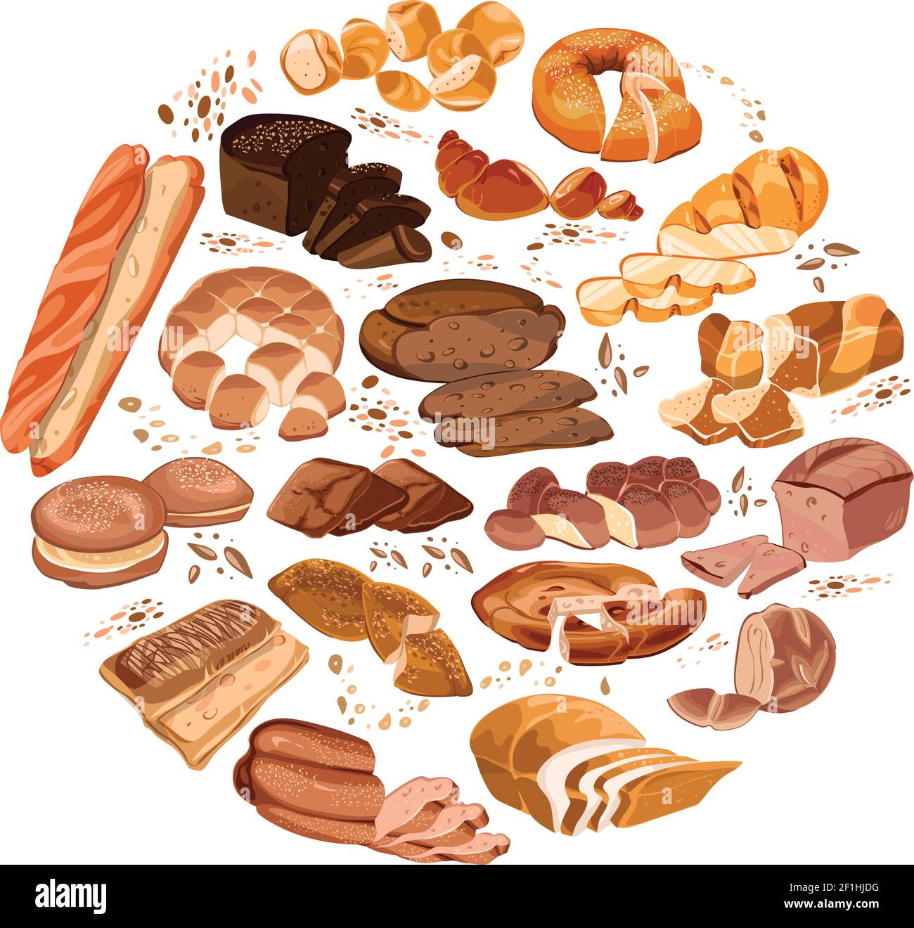 Colorful baking products round concept with sliced bread of different ...