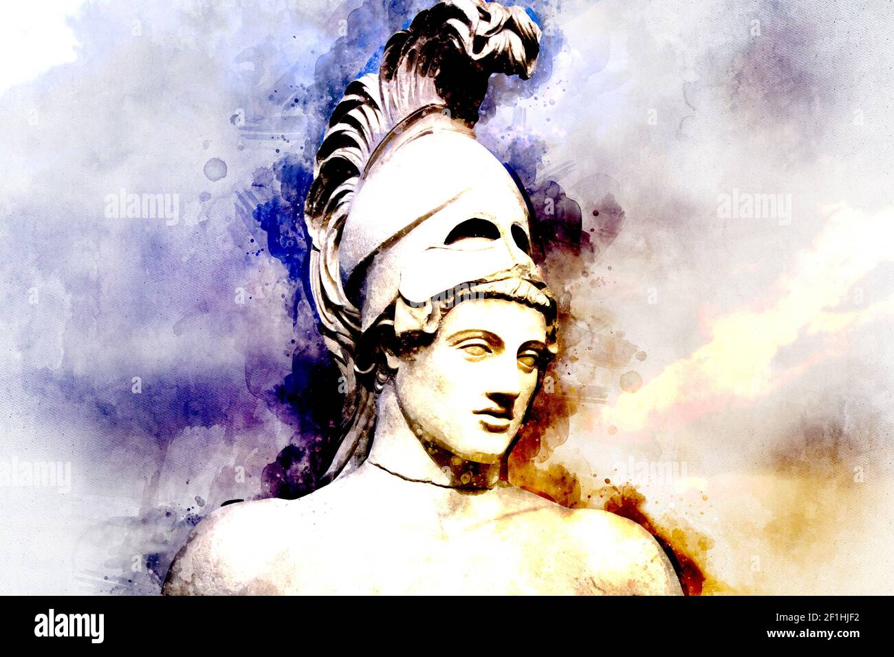 Watercolor, Statue of ancient Athens statesman Pericles. Head in helmet ...