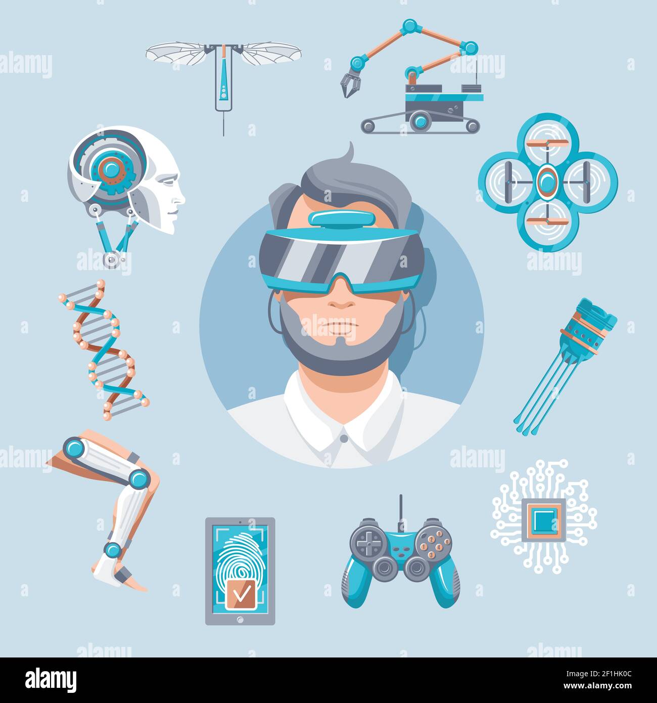 Technology icons set with virtual glasses robotic arm drone quadcopter ...