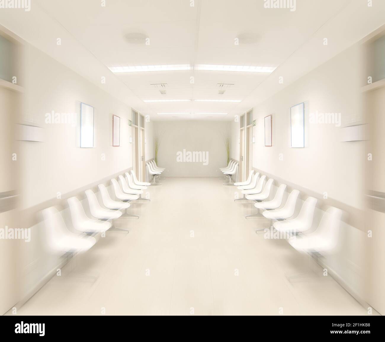 Long corridor in hospital with doors and reflections, motion radial ...