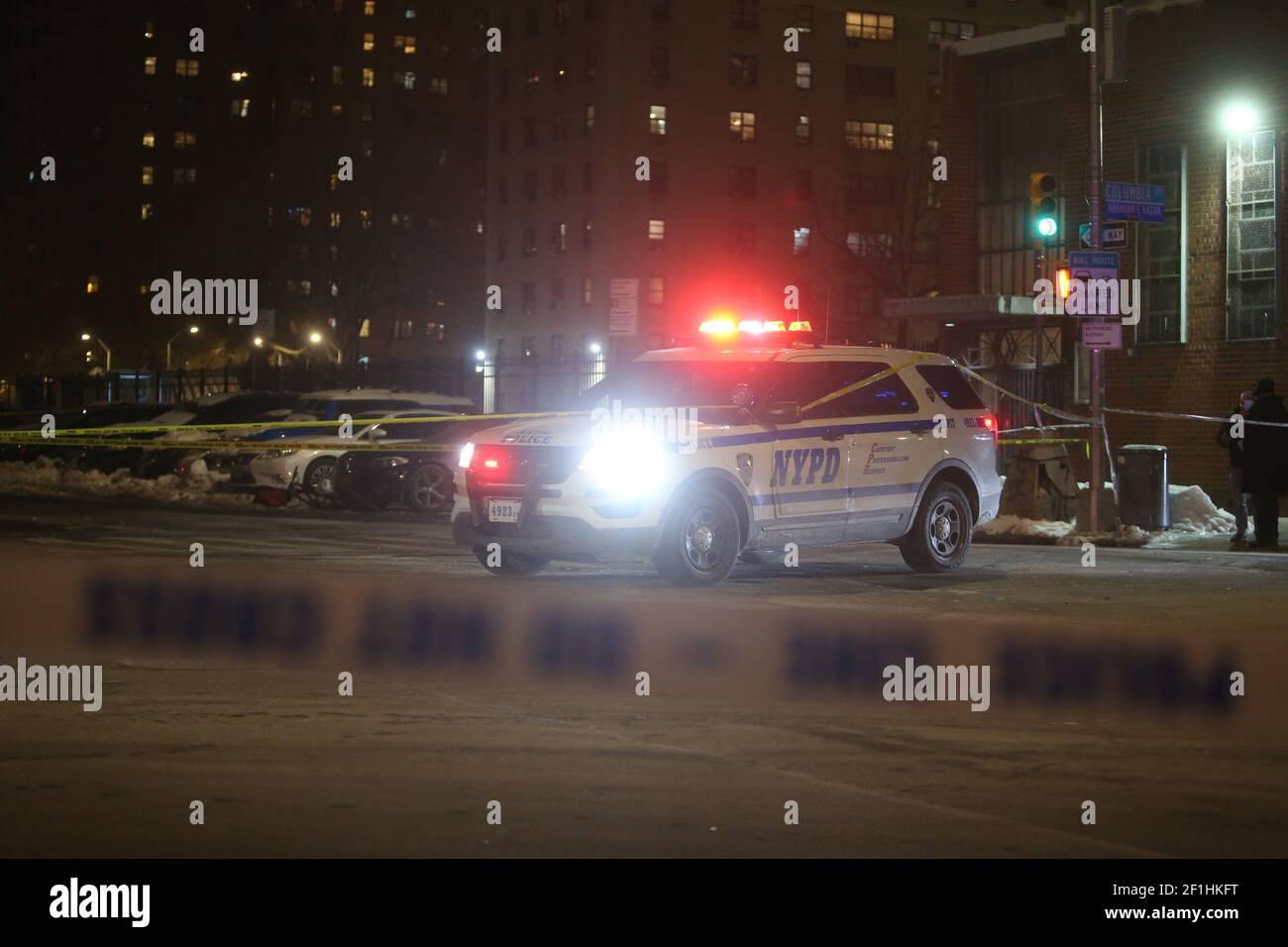 USA, New York City, NY - Crime scene tape with set up by the NYPD with ...