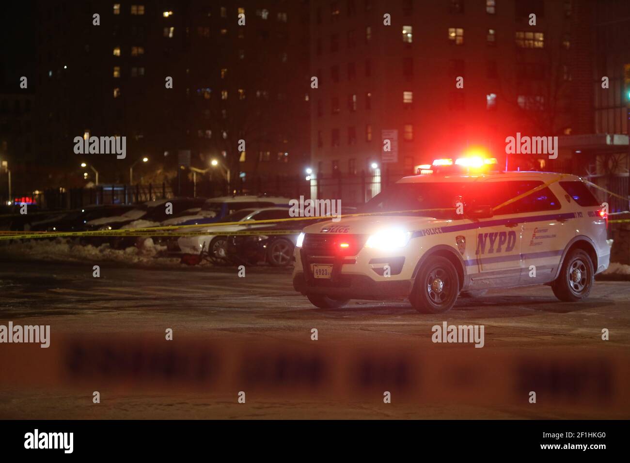 USA, New York City, NY - Crime scene tape with set up by the NYPD with ...