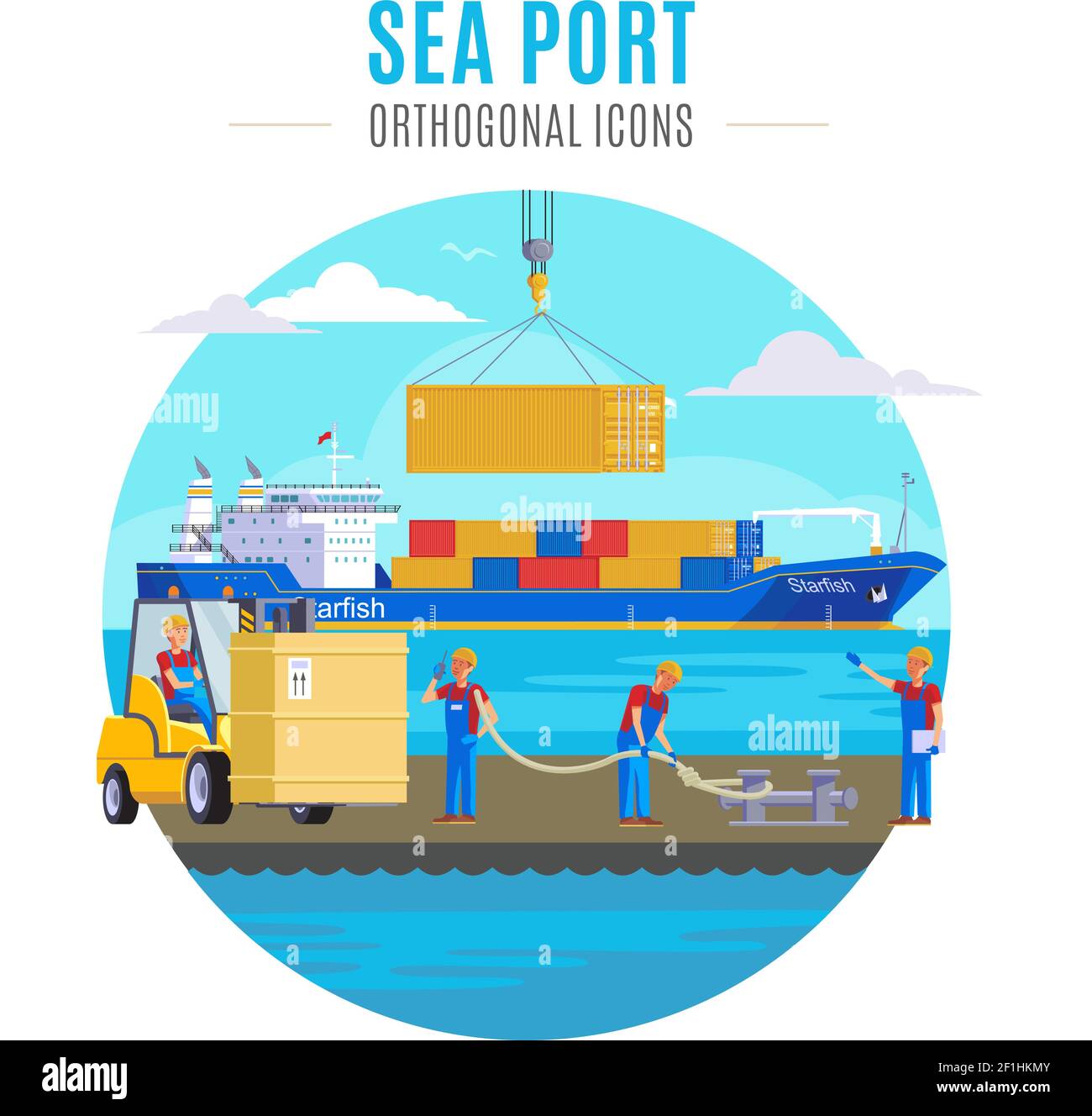 Sea port template with container loading to ship forklift and workers ...
