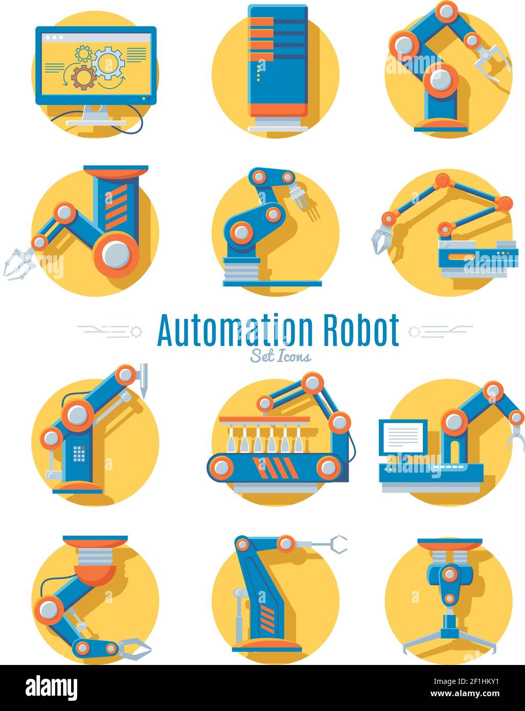 Industrial robot icons collection of different automatic mechanic arms ...