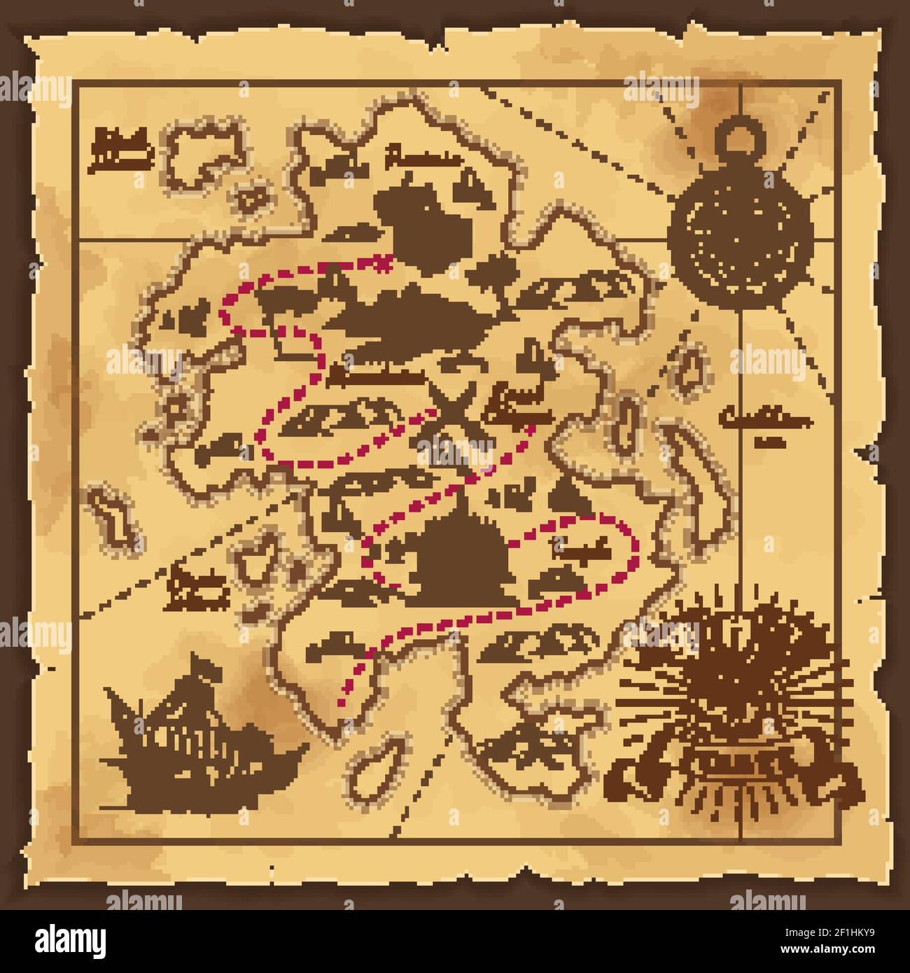 Treasure map and pirate emblem sailboat compass and crossed sabers on ...