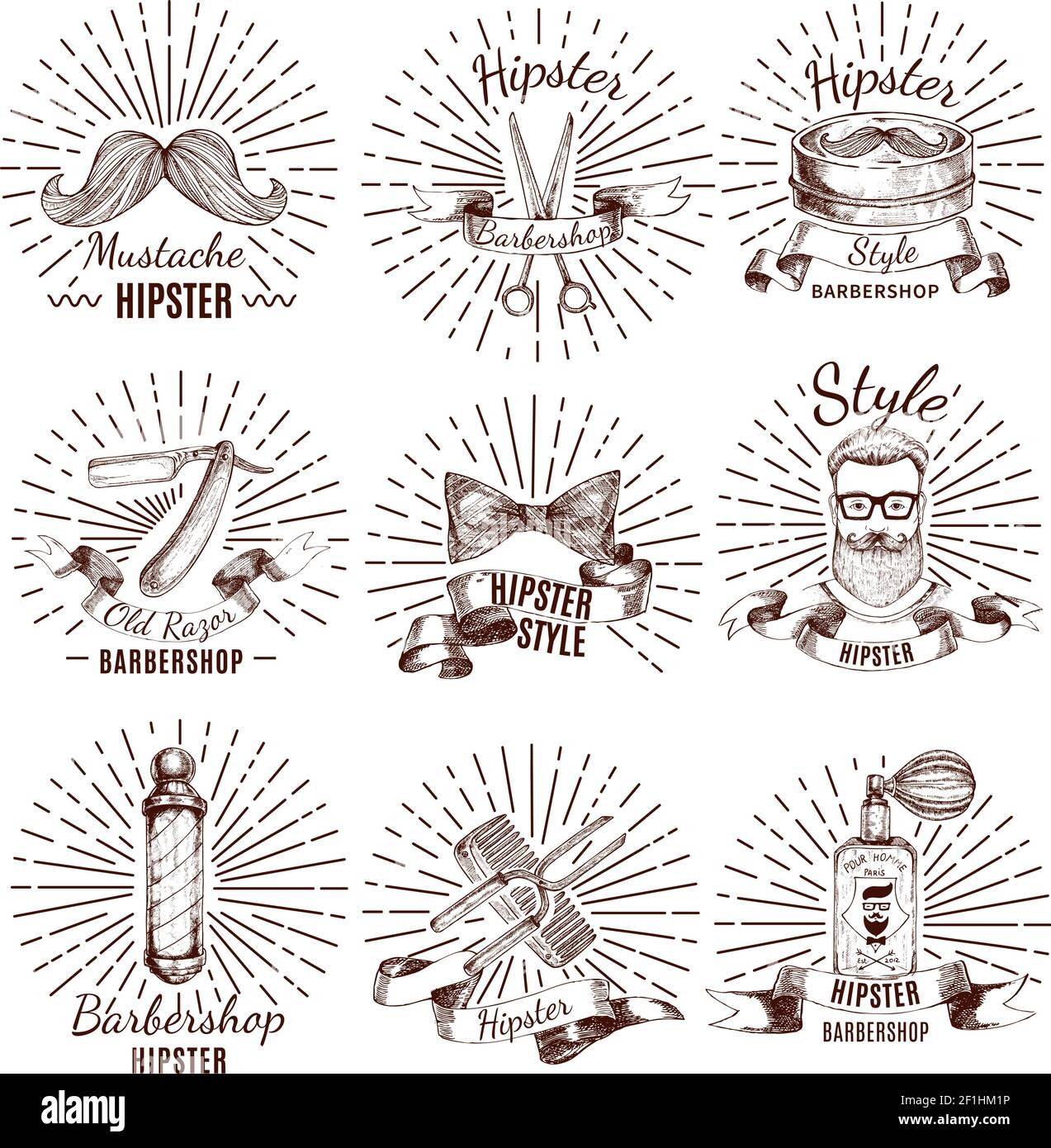 Barbershop monochrome hand drawn labels in hipster style with ...
