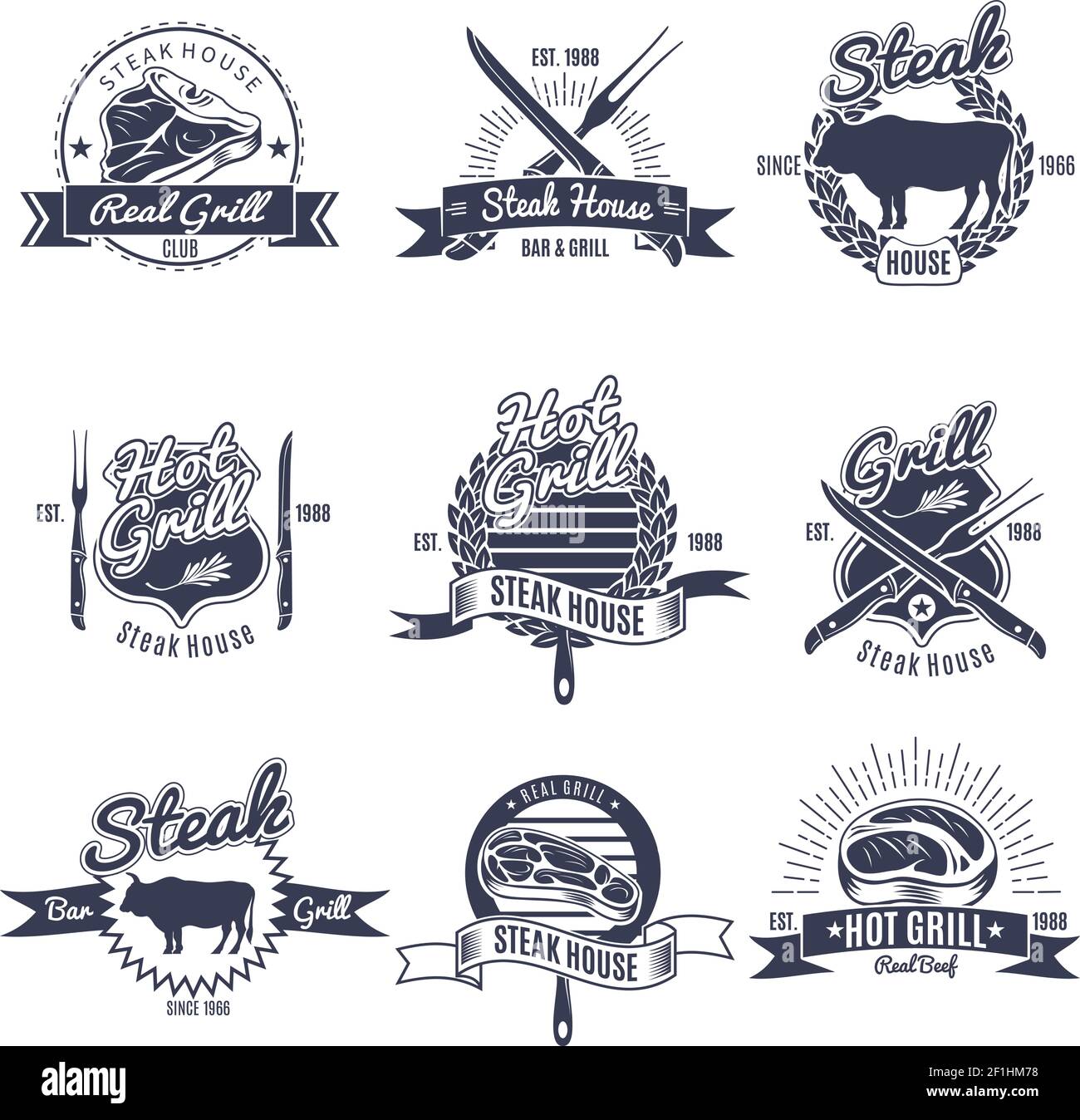 Set of nine isolated vintage steak labels oldschool with decorative ...