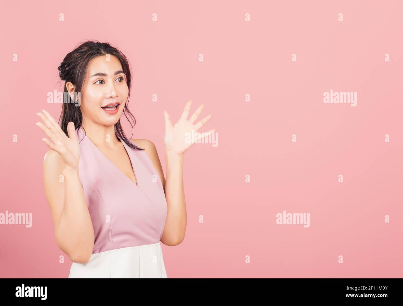 Happy Asian portrait beautiful cute young woman standing winning and ...