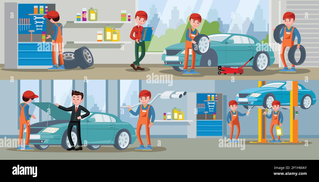 Car service horizontal banners with auto mechanics wheels replacement ...