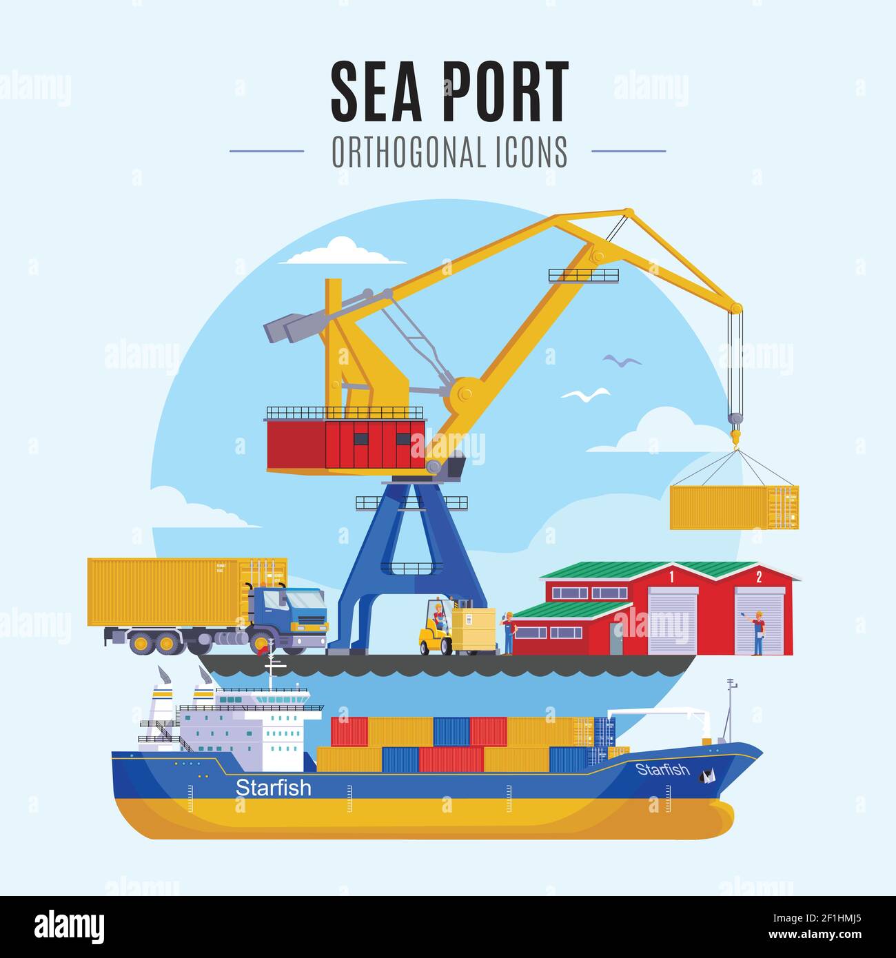 Sea port template with warehouse truck and construction crane loading ...