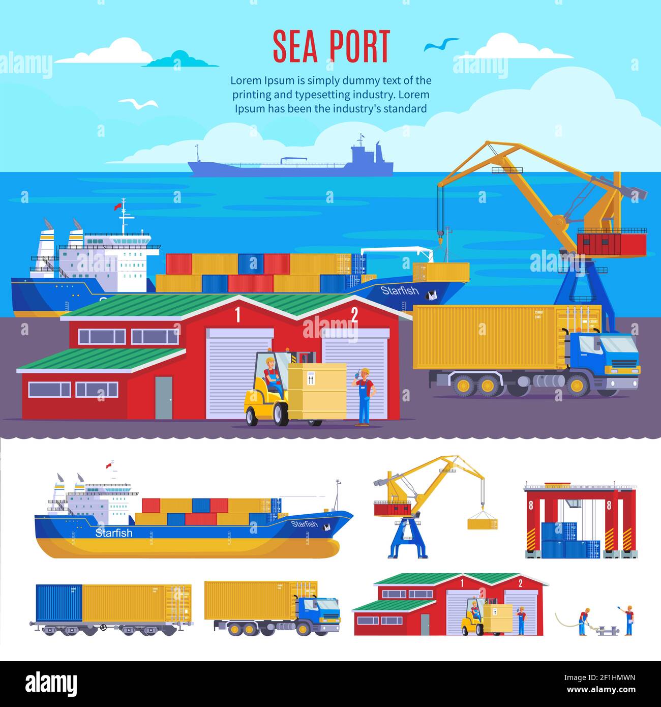 Industrial sea port composition with dock template and marine logistic ...