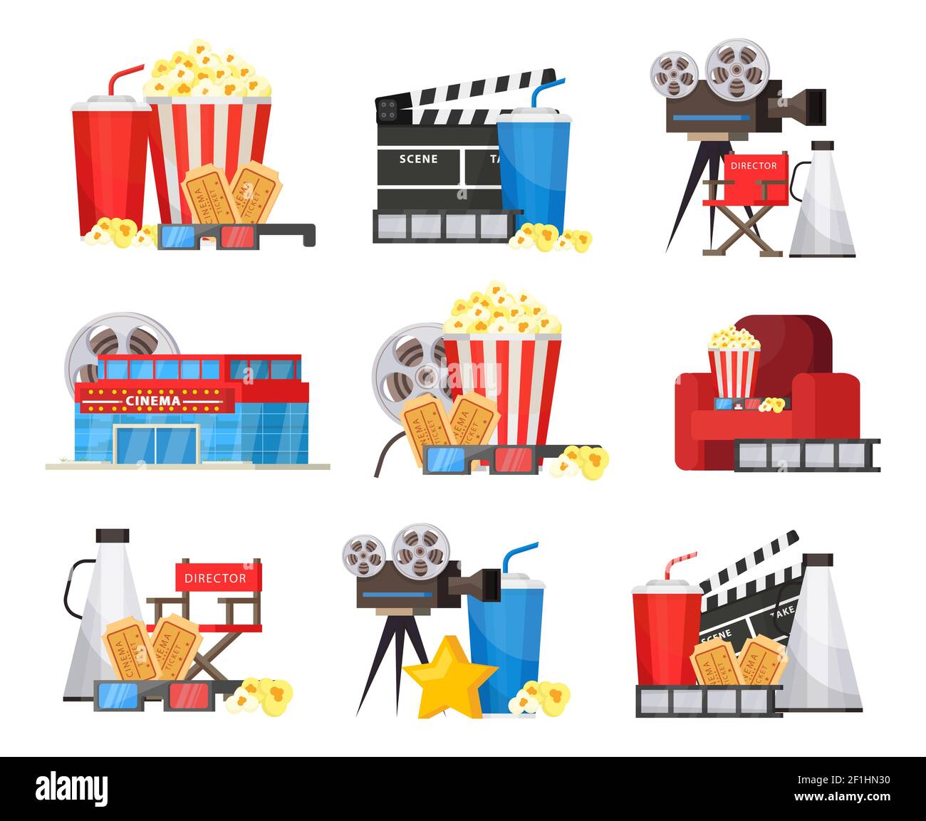 Colorful cinema elements set with building camera filmstrip megaphone glasses popcorn soda ...