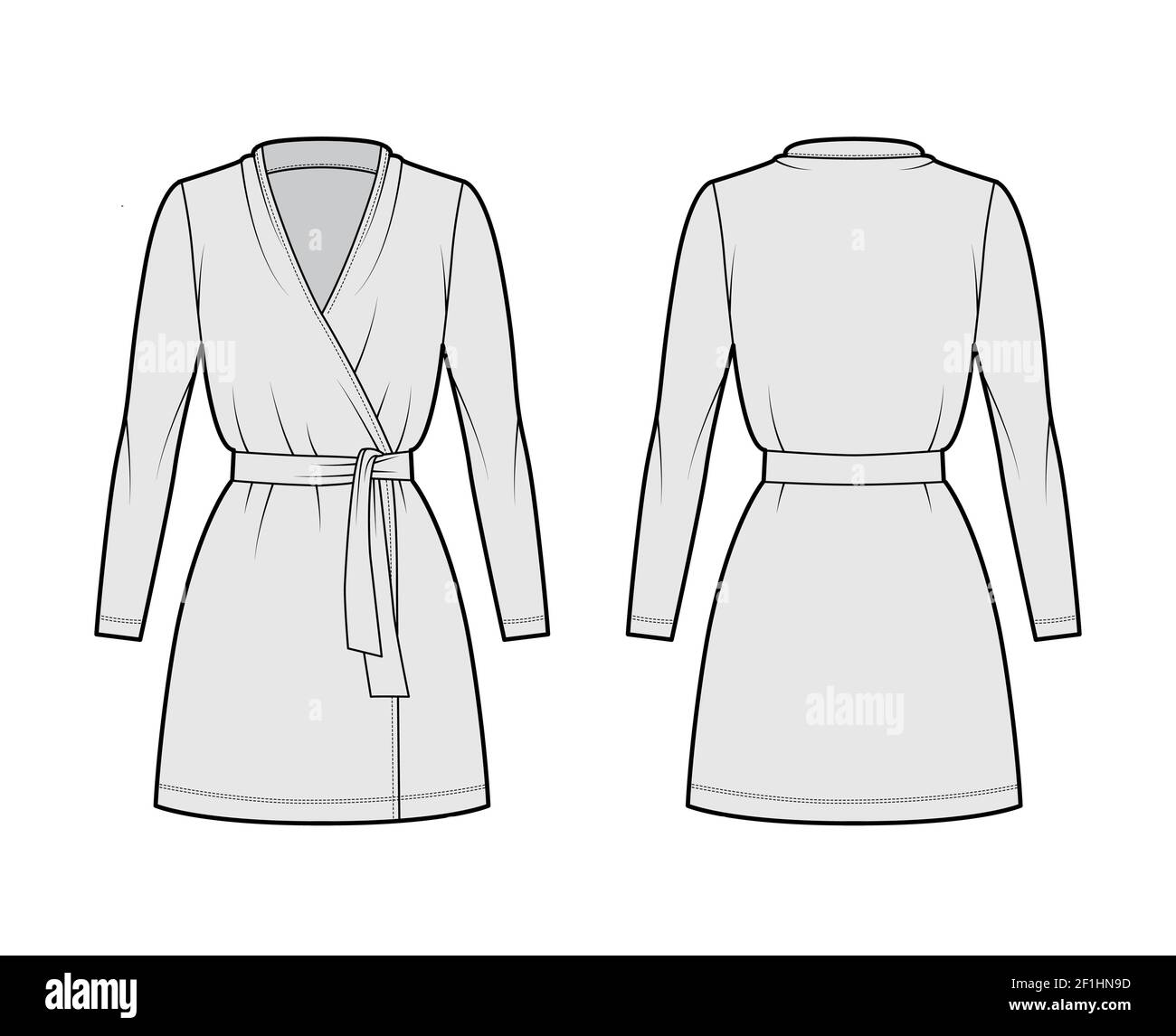 Wrap dress technical fashion illustration with deep V-neck, long ...