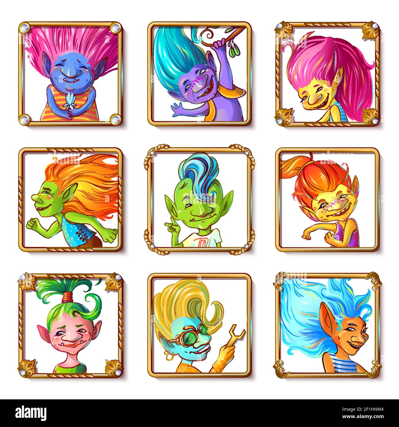 Cartoon troll characters avatars set with different hairstyle clothes ...