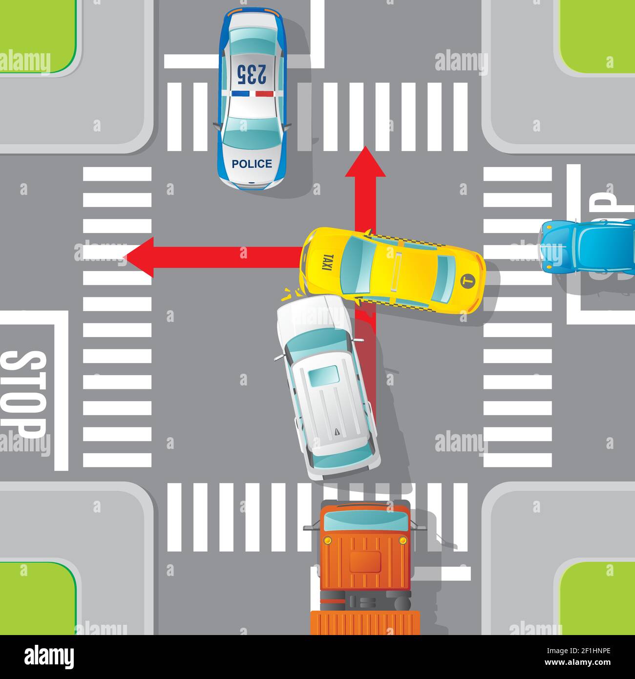 Car accident top view concept with crash of jeep and taxi on road ...