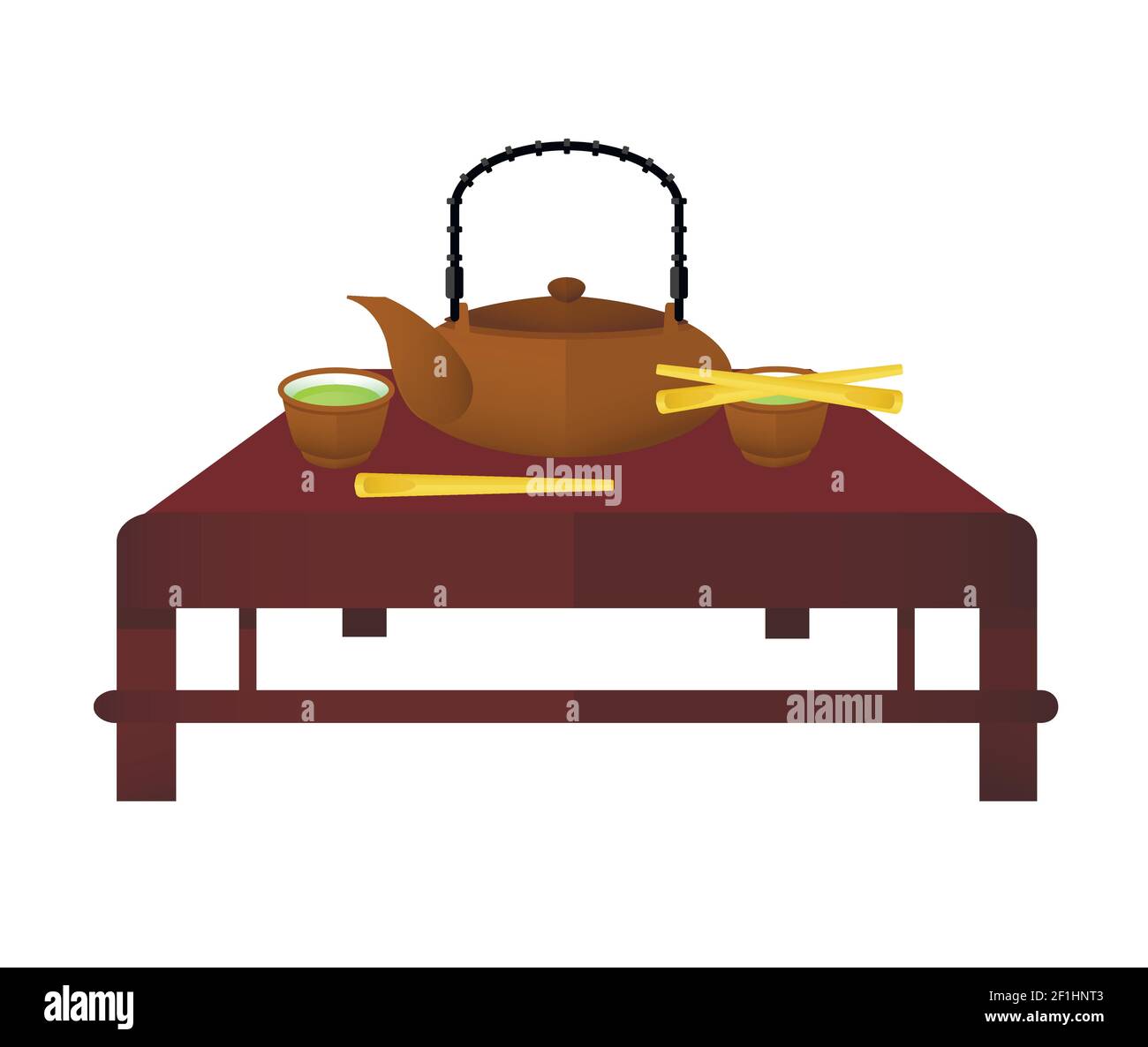 Ceremonial chinese tea elements concept with clay teapot full bowls and ...