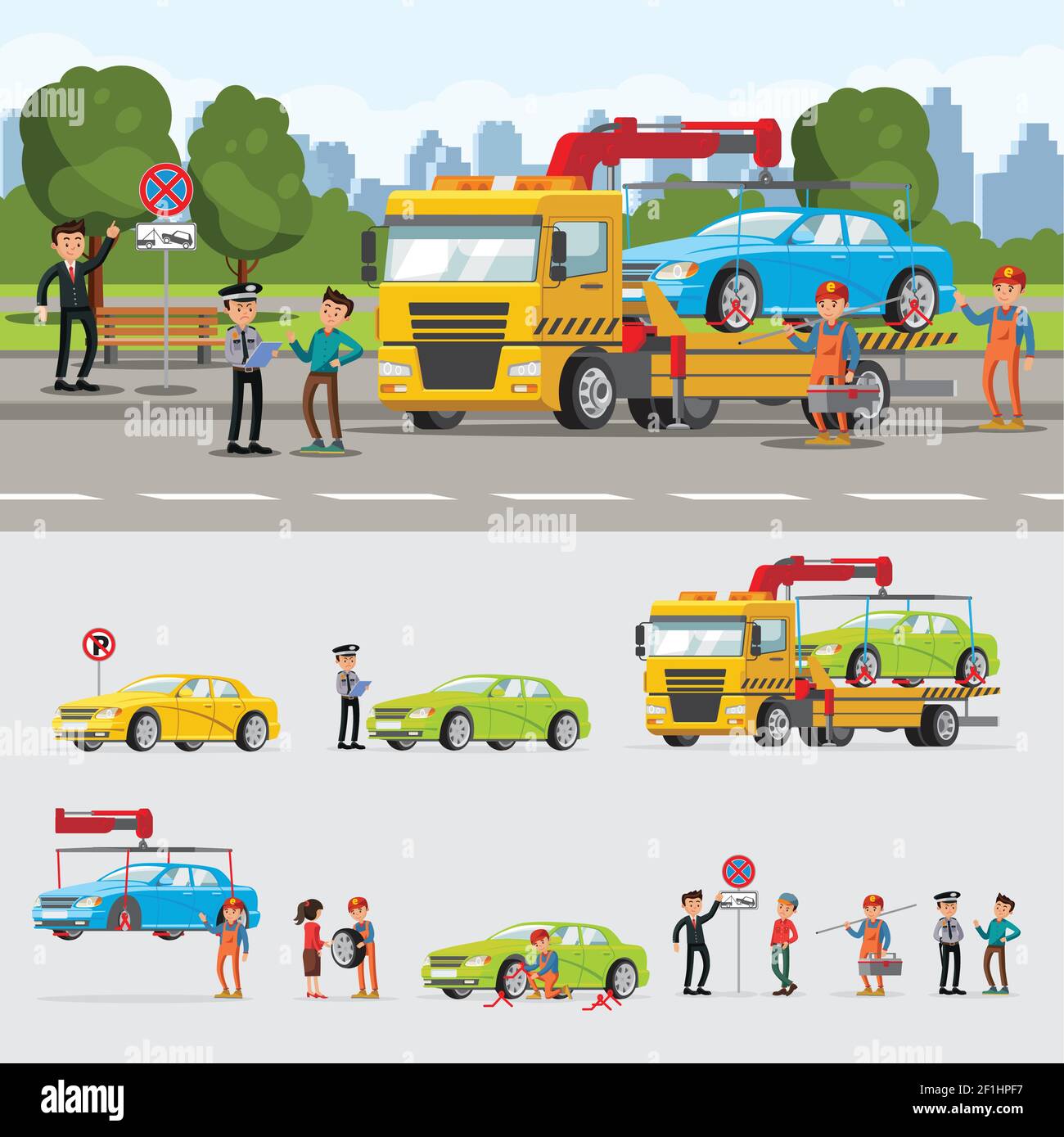 Car evacuation concept with drivers policeman workers and automobile ...