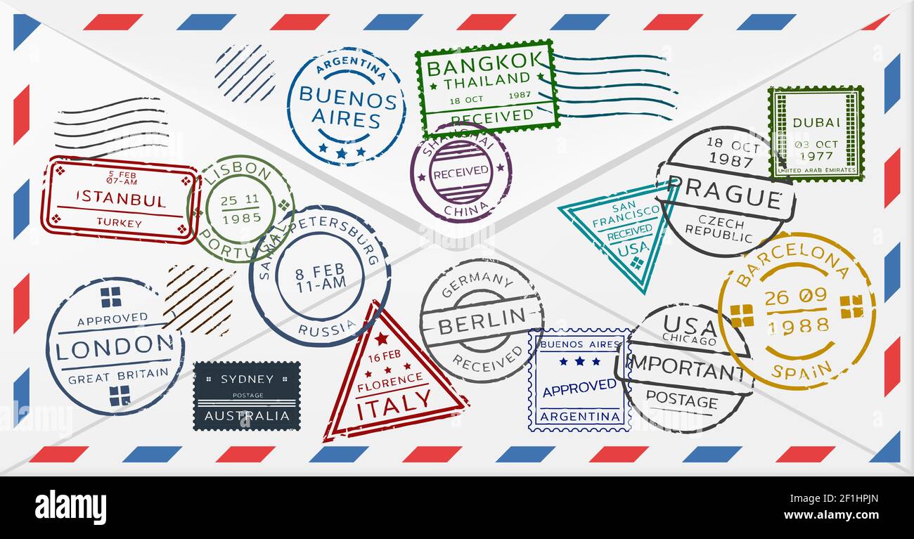 Retro postal envelope template with colorful postage stamps from ...