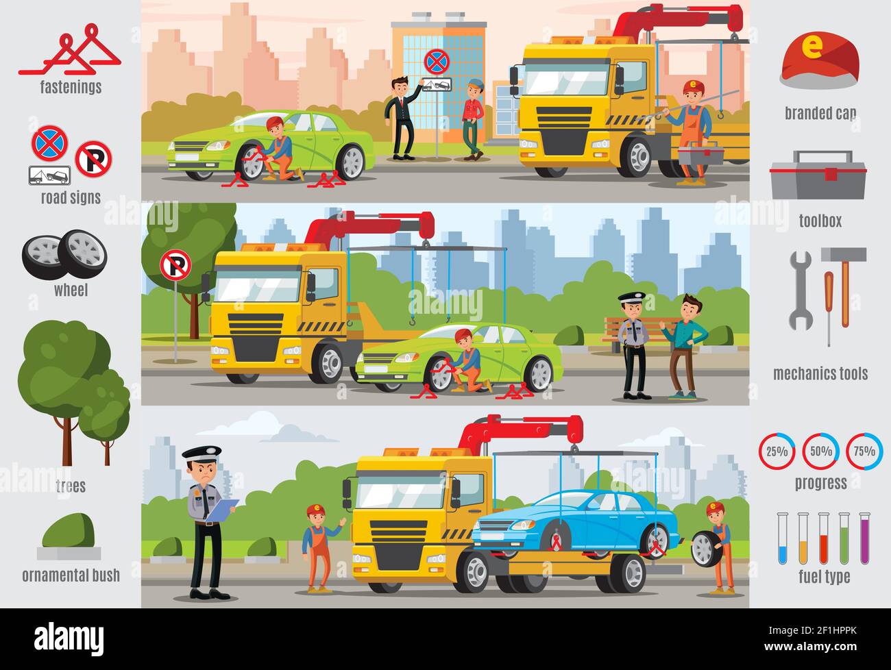 Transport evacuation infographic template with drivers policeman ...