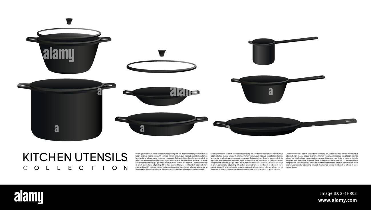 Sketch kitchen utensil collection with different kinds of pans and pots ...