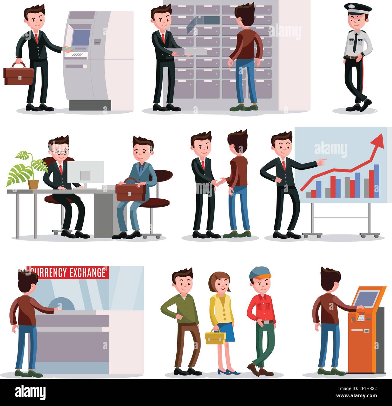 Bank people set with customers clients and staff in different ...