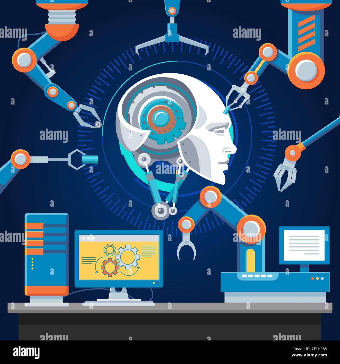 Technologic futuristic industry template with automatic robotic arms ...