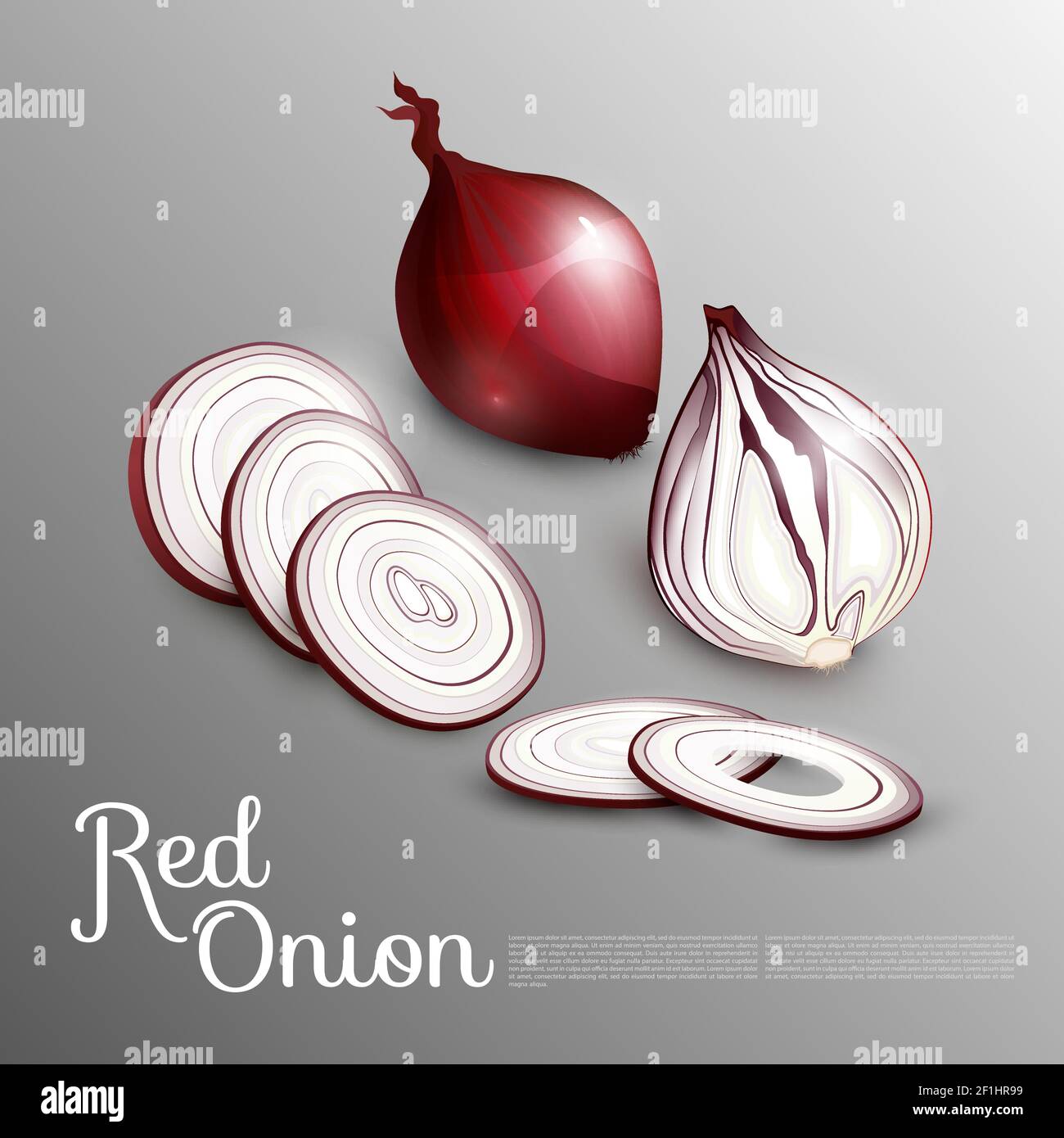 Natural red onion concept with vegetable slices and rings in realistic ...