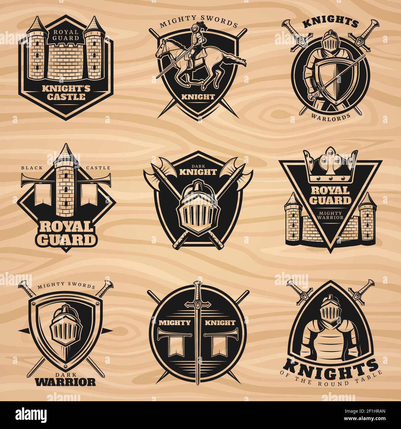 Black vintage knights emblems set with medieval weapon shield castle ...