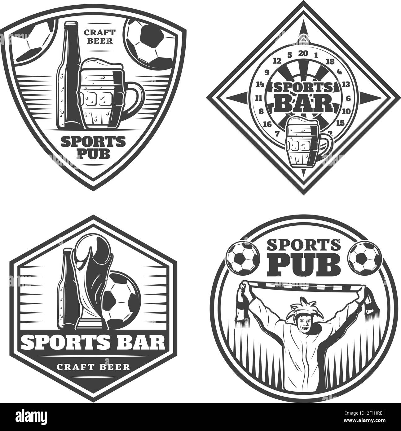 Vintage sport bar emblems set with beer bottle mug glass cup fan soccer ...