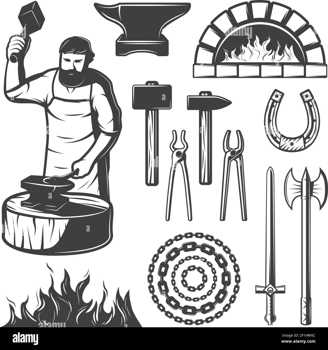 Vintage blacksmith elements set with anvil furnace working man weapons ...