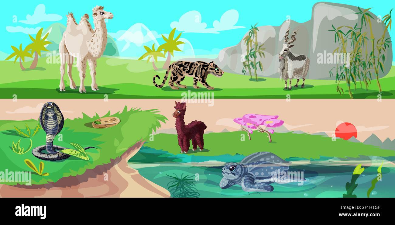 Colorful asian animals horizontal banners with camel panther wild goat ...